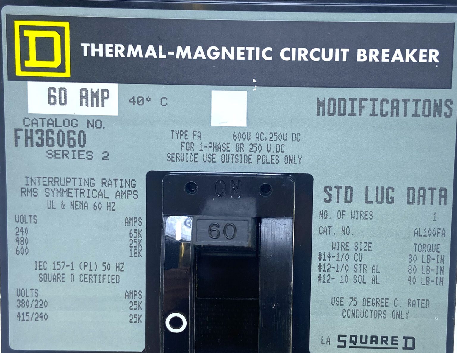 Square D FH36060 3Pole 60Amp 600Vac I-Line Circuit Breaker (CHIP)