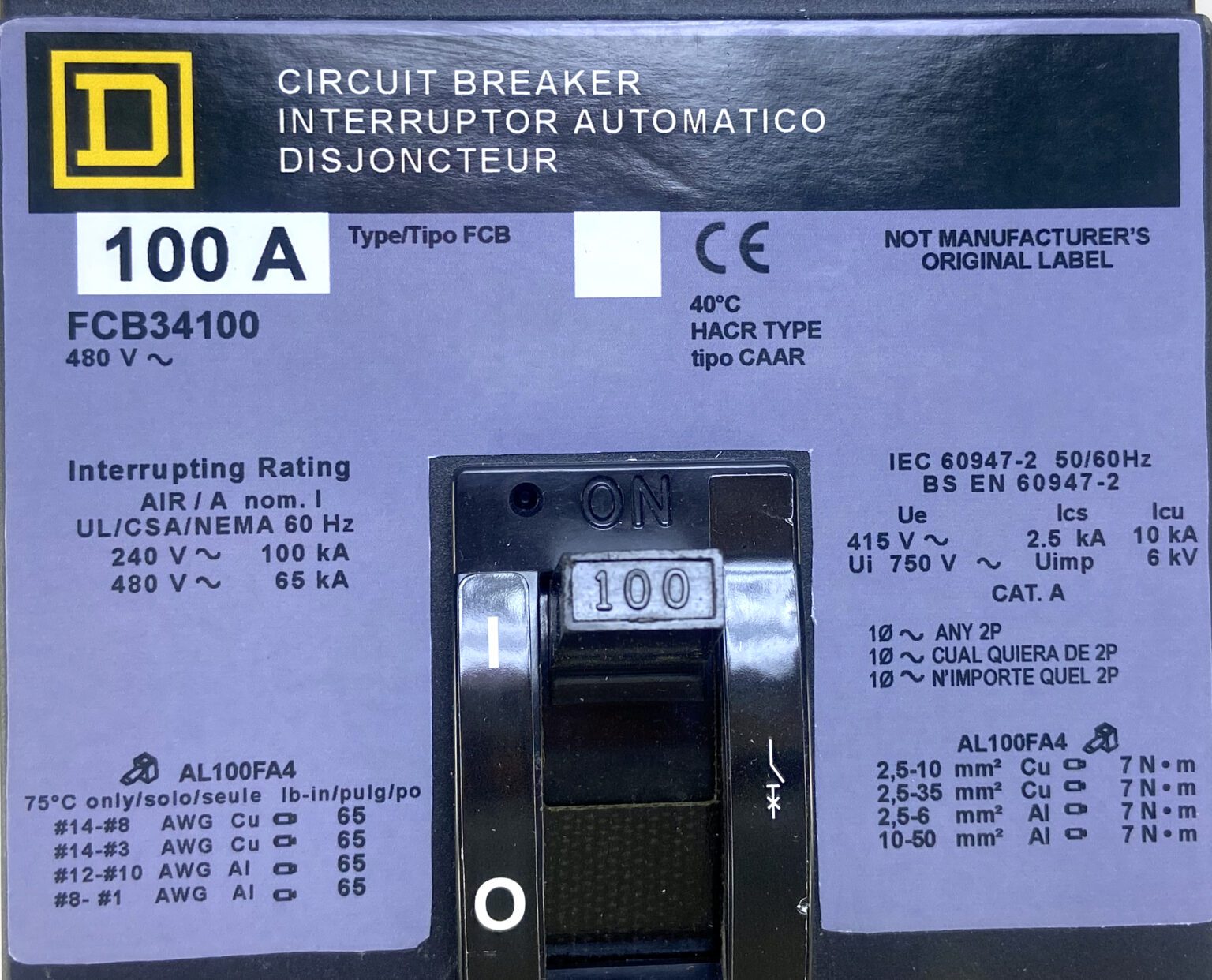 Square D FCB34100 3 Pole 100 Amp 480 Vac I-Line Circuit Breaker