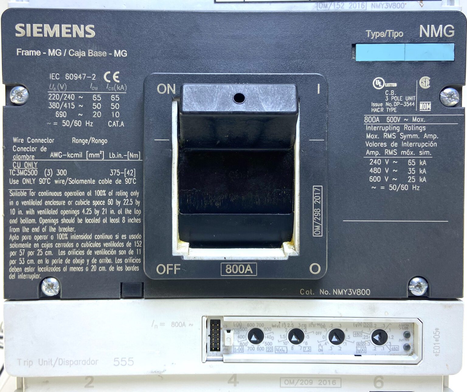 Siemens NMY3V800 NMG 3 Pole 800 Amp 600V Breaker w/LSI Trip Unit