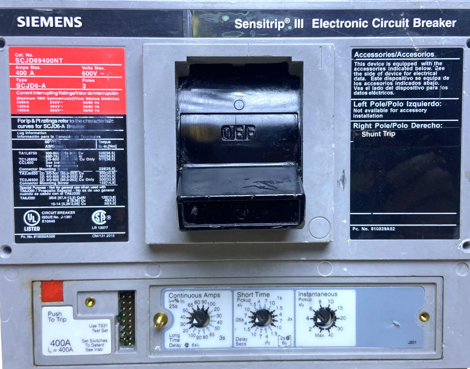 Siemens SCJD69400NT 3 Pole 400 Amp 600 Vac Circuit Breaker