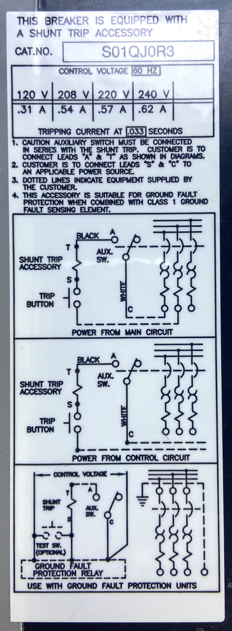 Siemens QJ23B200H 3 Pole 200 Amp 240 Vac Breaker w/ Shunt Trip