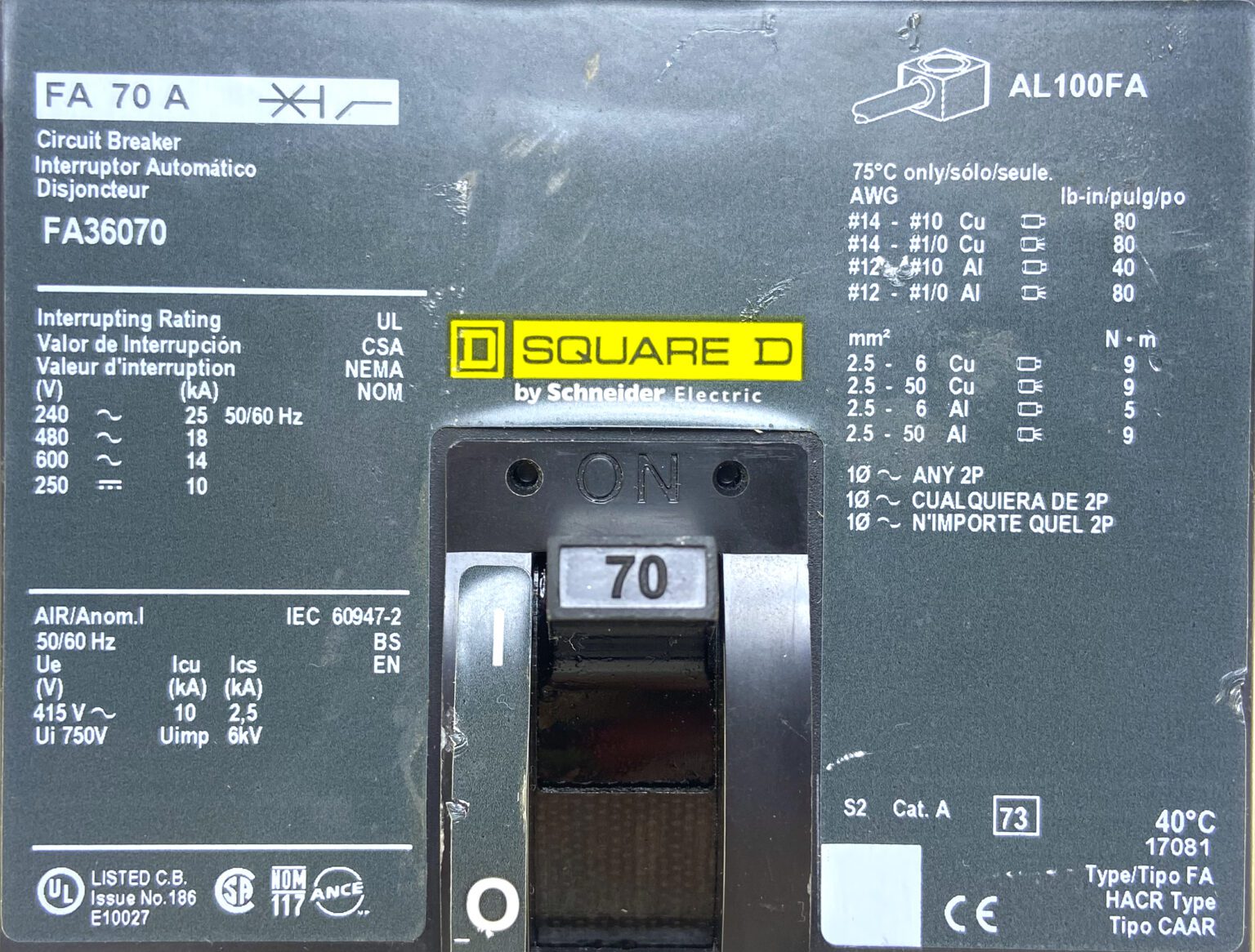 Square D FA36070 3 Pole 70 Amp 600 Vac I-Line Circuit Breaker