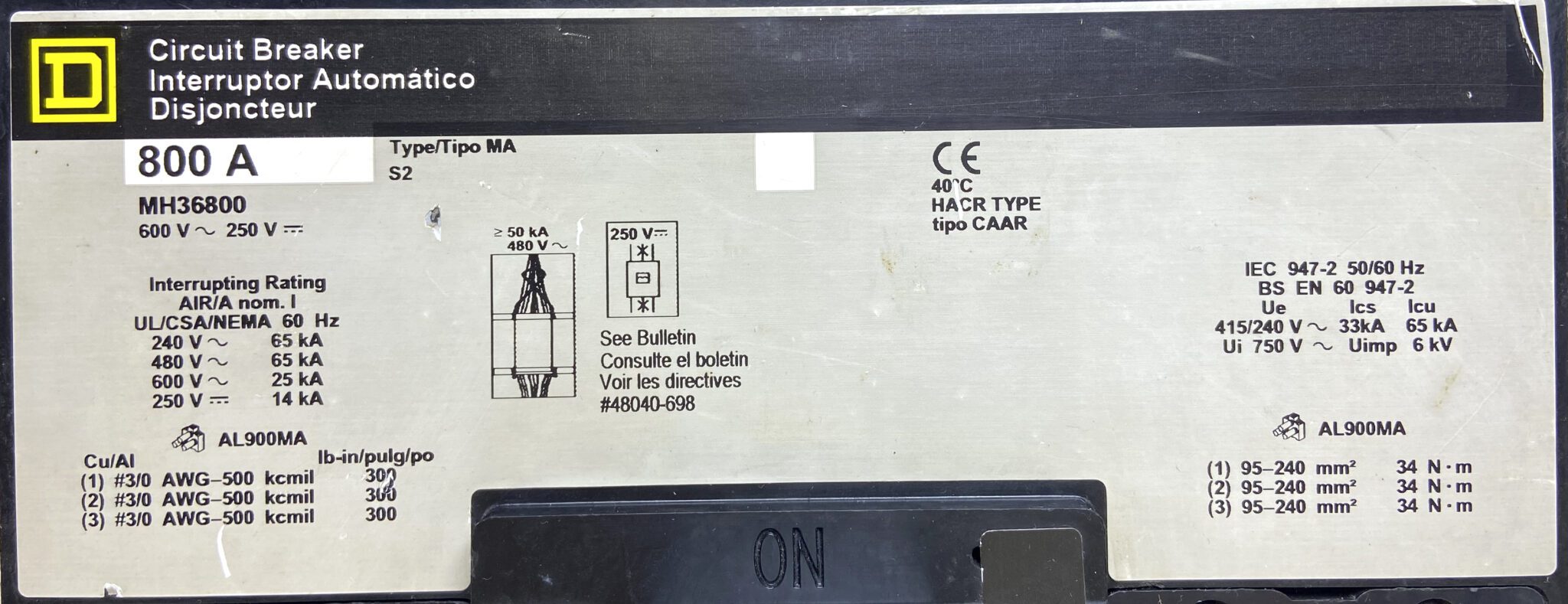 Square D MH36800 3 Pole 800 Amp 600 Vac I-Line Circuit Breaker
