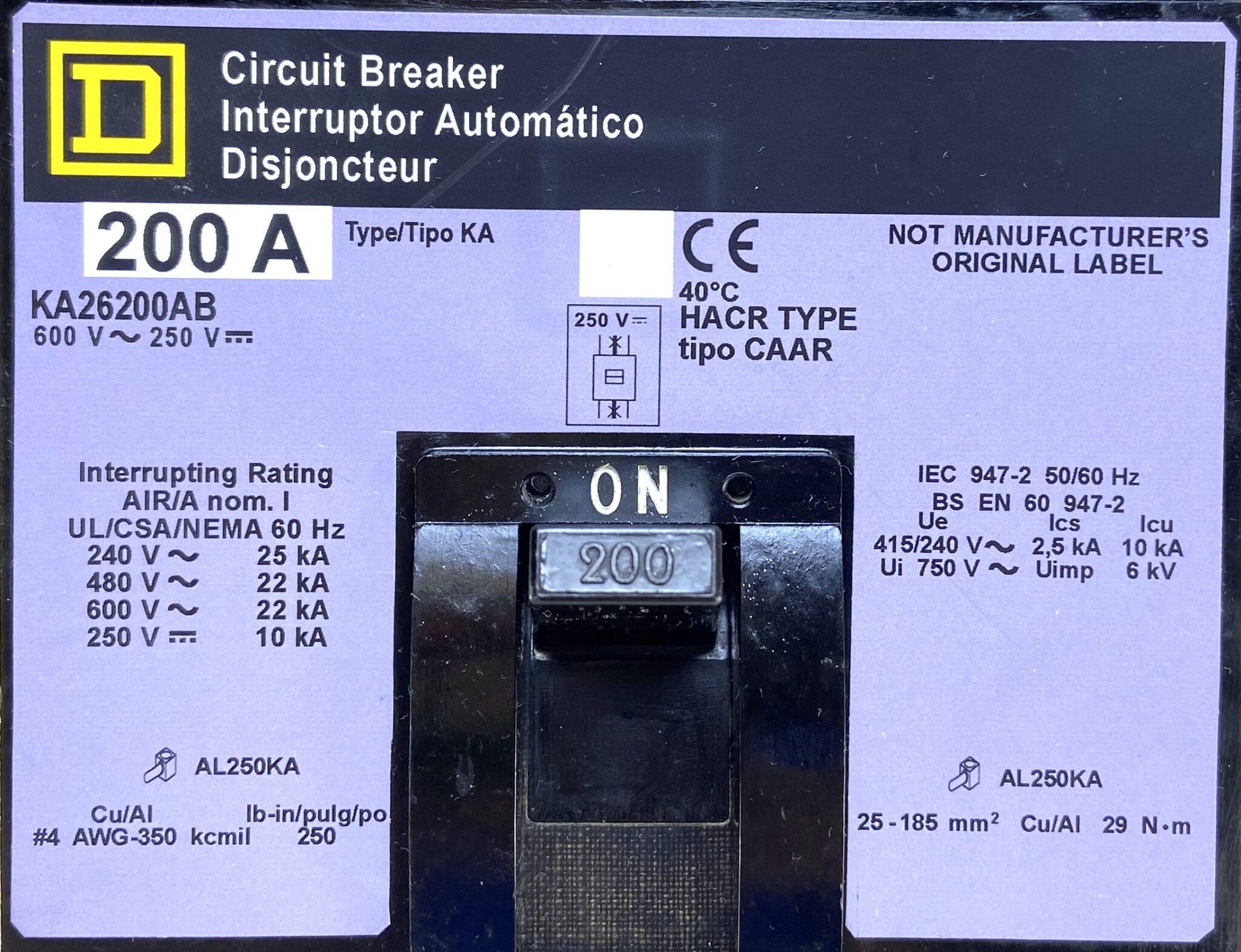 Square D KA26200AB 2 Pole 200 Amp 600 Vac I-Line Circuit Breaker