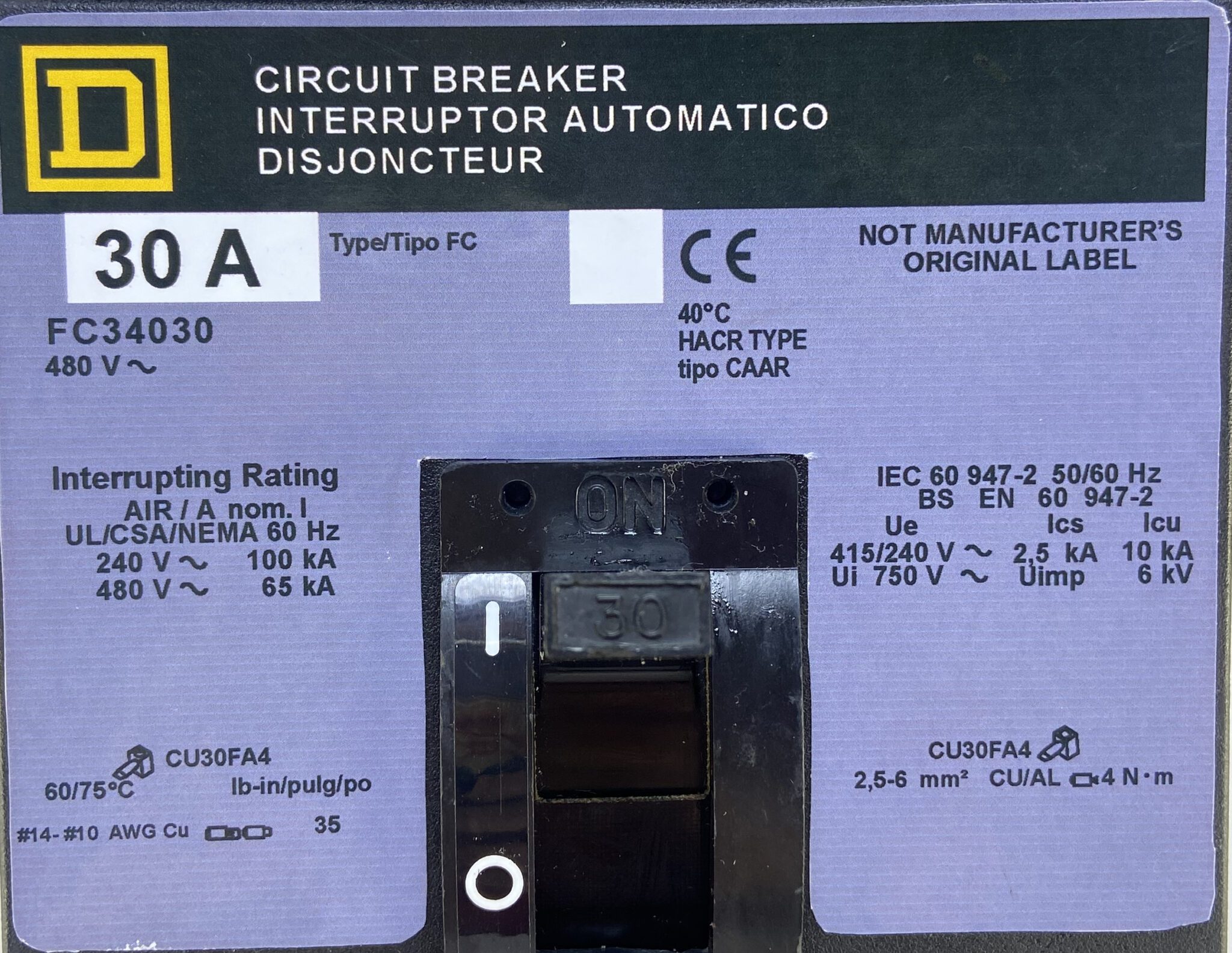 Square D FC34030 3 Pole 30 Amp 480 Vac I-Line Circuit Breaker