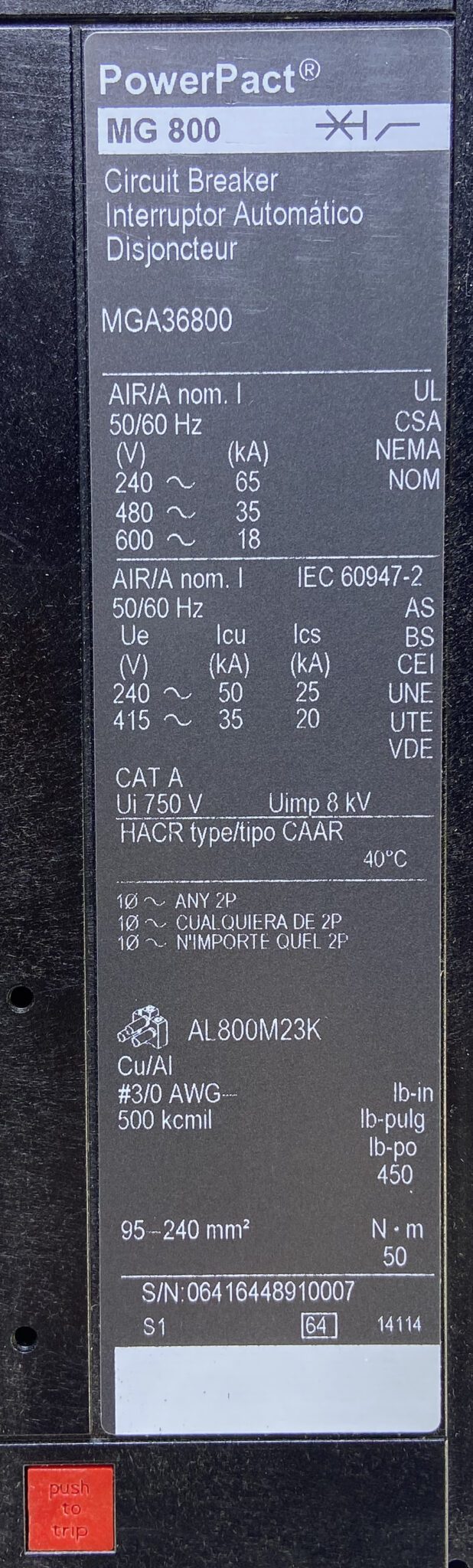 Square D MGA36800 3 Pole 800 Amp 600 Vac I-Line Circuit Breaker