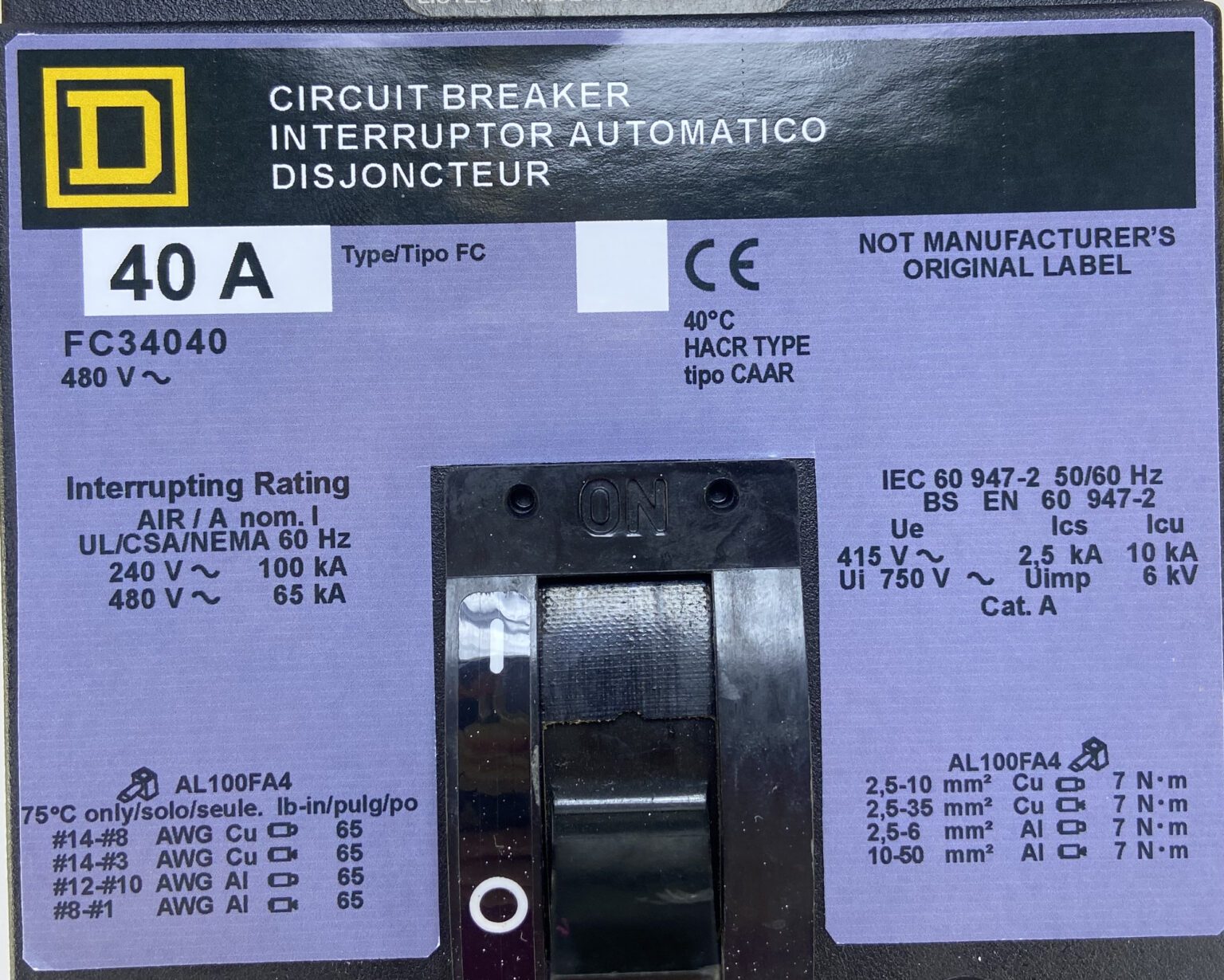 Square D FC34040 3 Pole 40 Amp 480 Vac I-Line Circuit Breaker