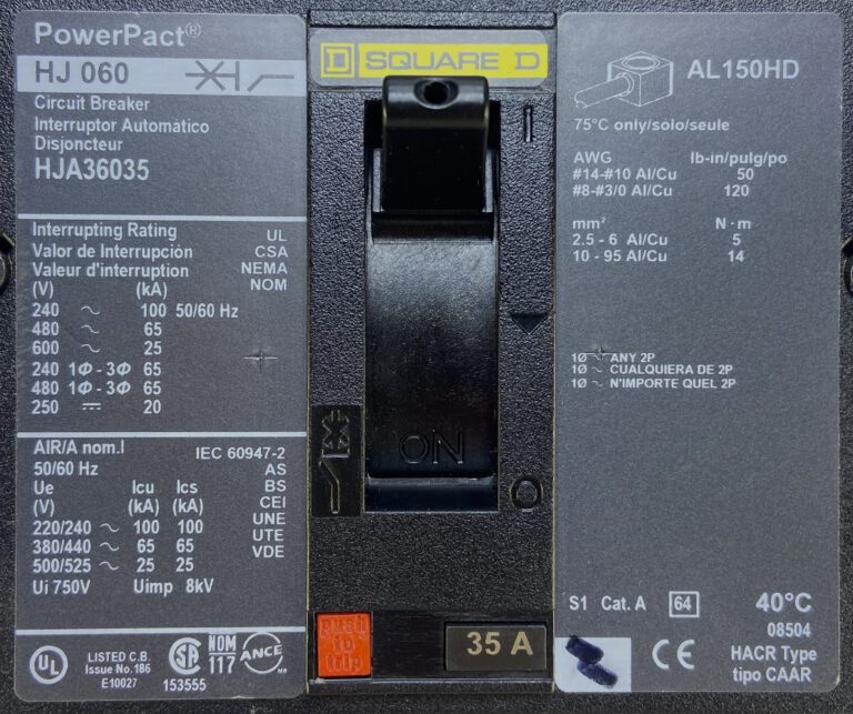 Square D HJA36035 3 Pole 35 Amp 600 Vac I-Line Circuit Breaker