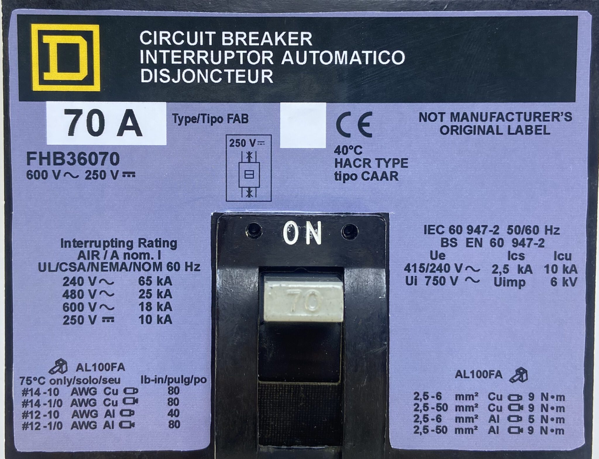 Square D FHB36070 3 Pole 70 Amp 600 Vac I-Line Circuit Breaker