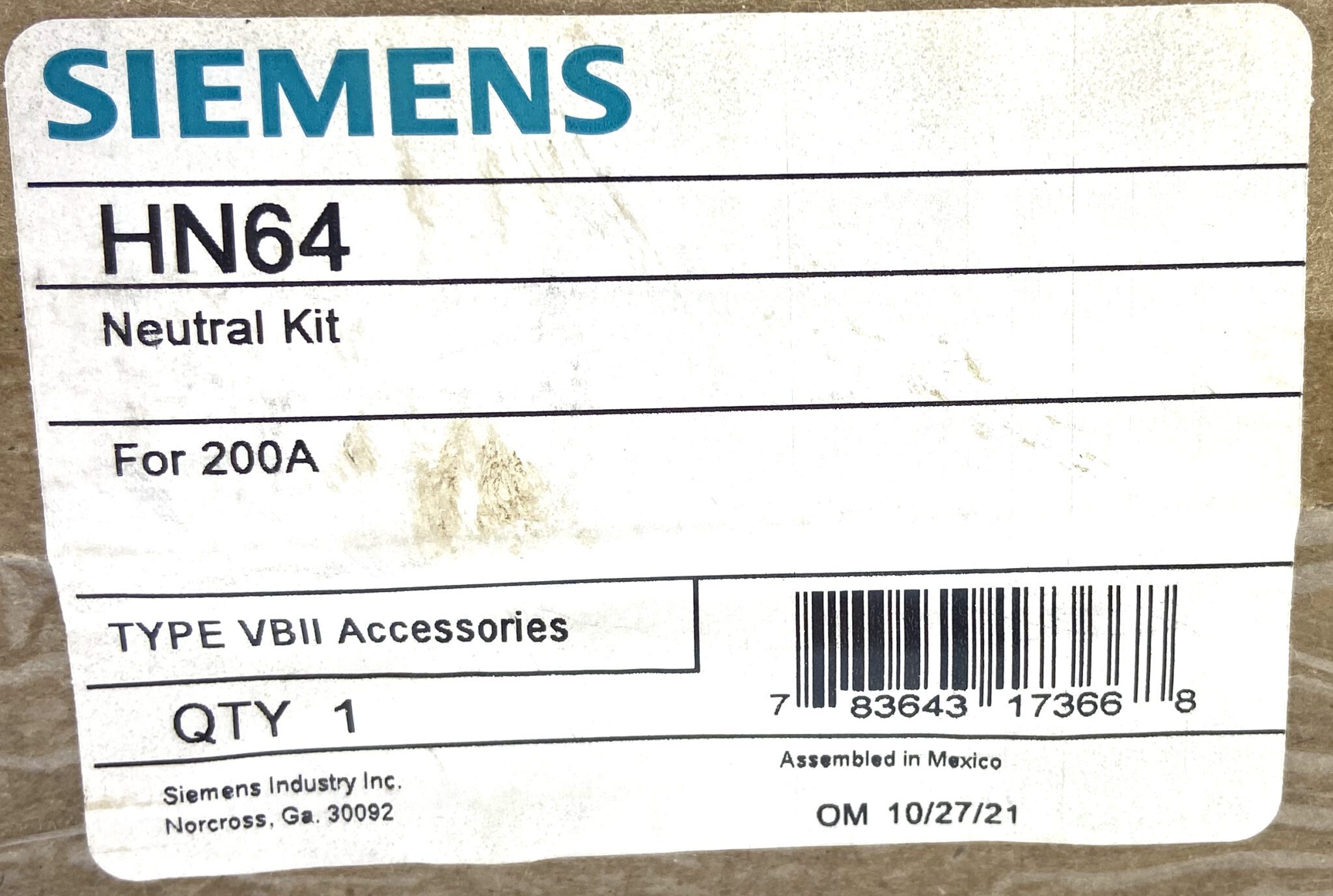 Siemens HN64 200 Amp 600 Vac Neutral Kit (New In Box)