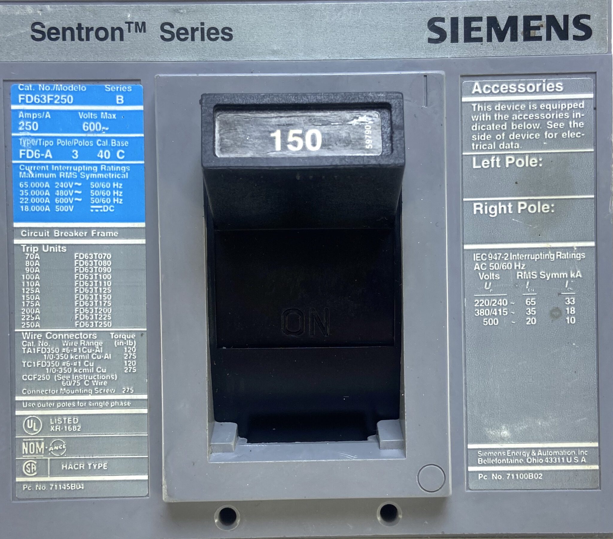 Siemens FD63F250 3 Pole 250 Amp 600 Vac Circuit Breaker