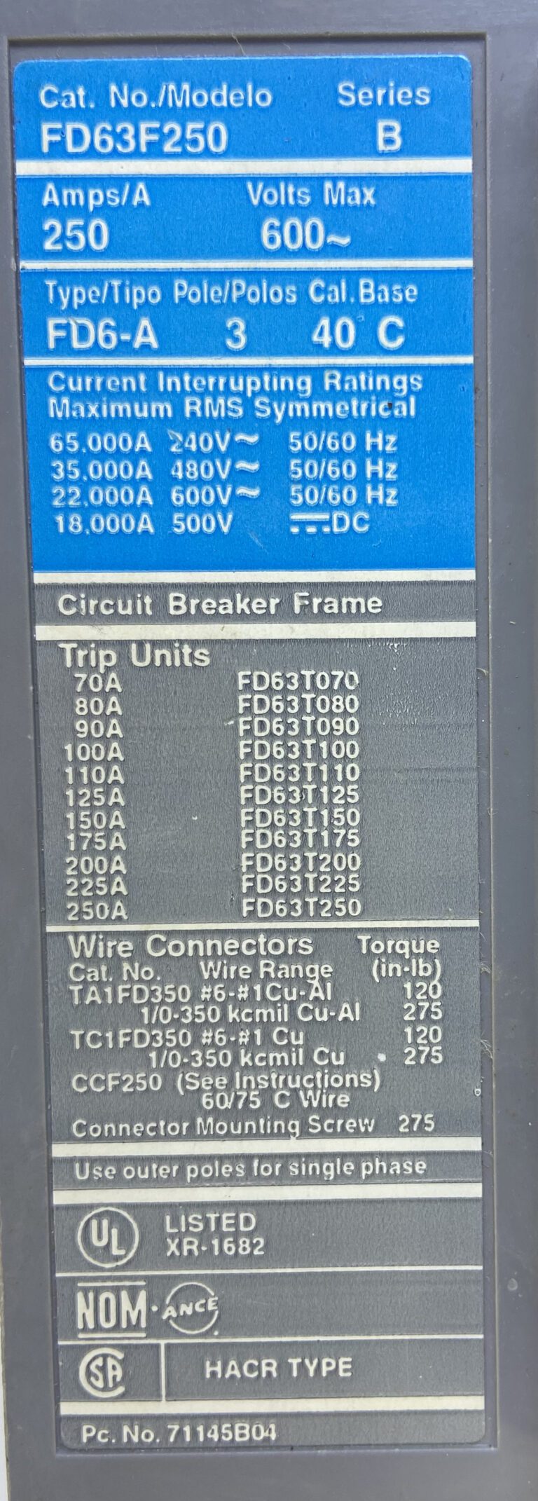 Siemens FD63F250 3 Pole 150 Amp 600 Vac Circuit Breaker (CHIP)