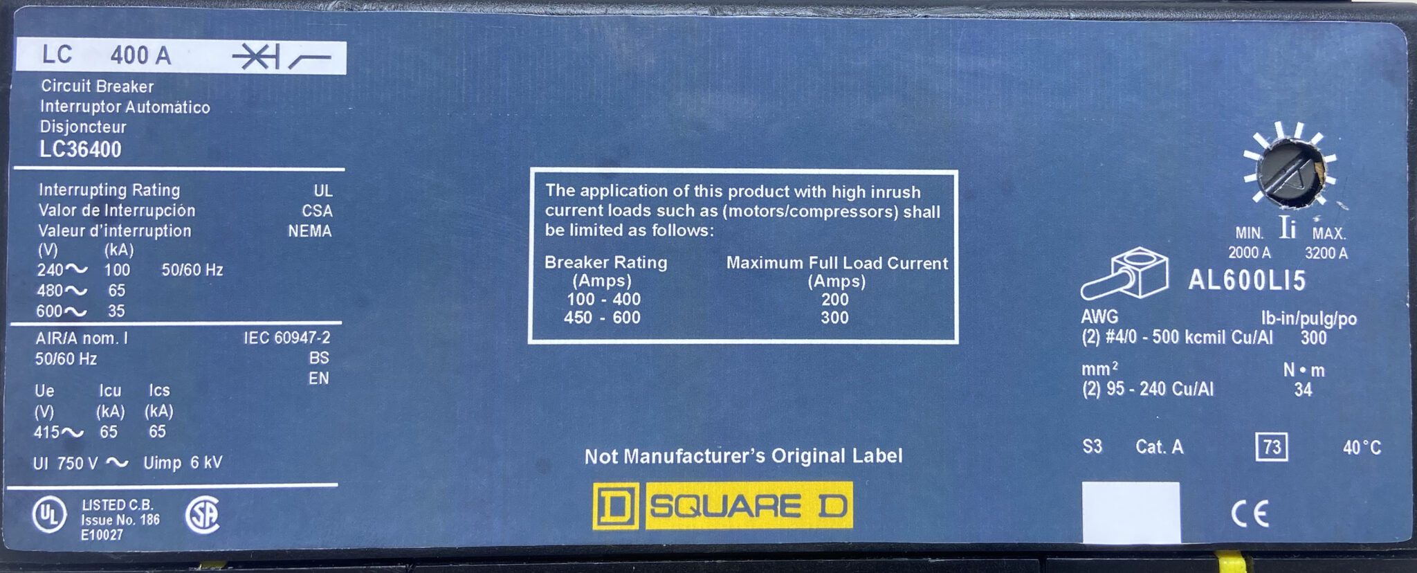 Square D LC36400 3 Pole 400 Amp 600 Vac I-Line Circuit Breaker