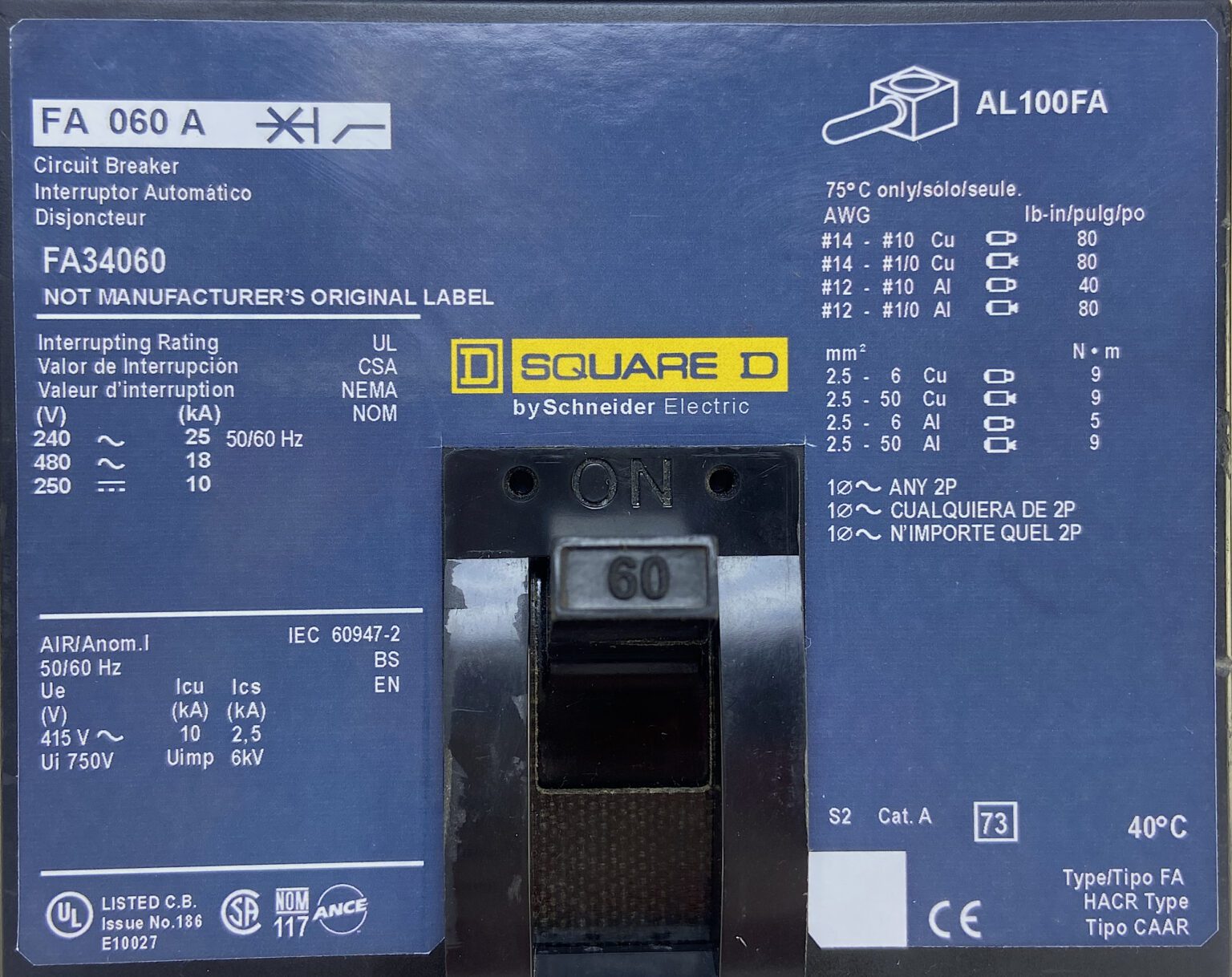 Square D FA34060 3Pole 60Amp 480Vac I-Line Circuit Breaker (CHIP)