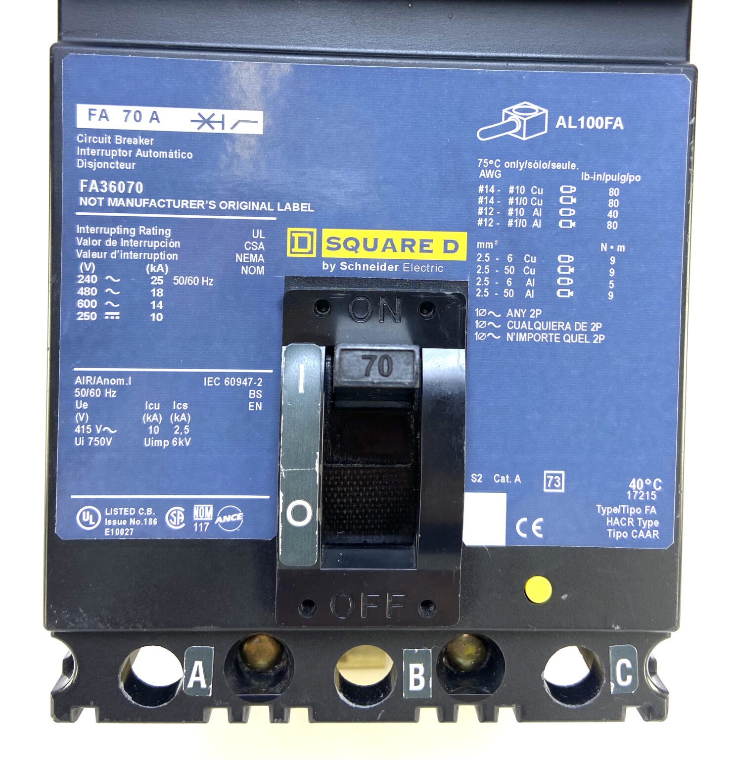 SQUARE D FA36070 3POLE 70AMP 600VAC I-LINE CIRCUIT BREAKER