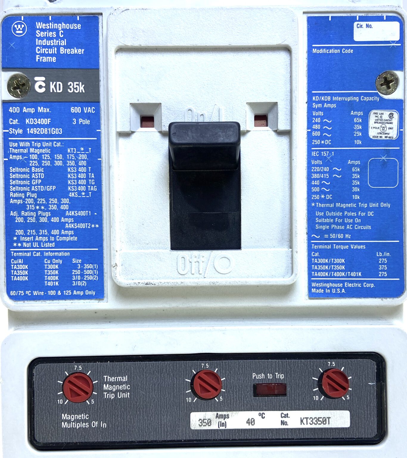 Westinghouse KD3400F 3P 400Amp 600 Vac Circuit Label w/ 350A Trip