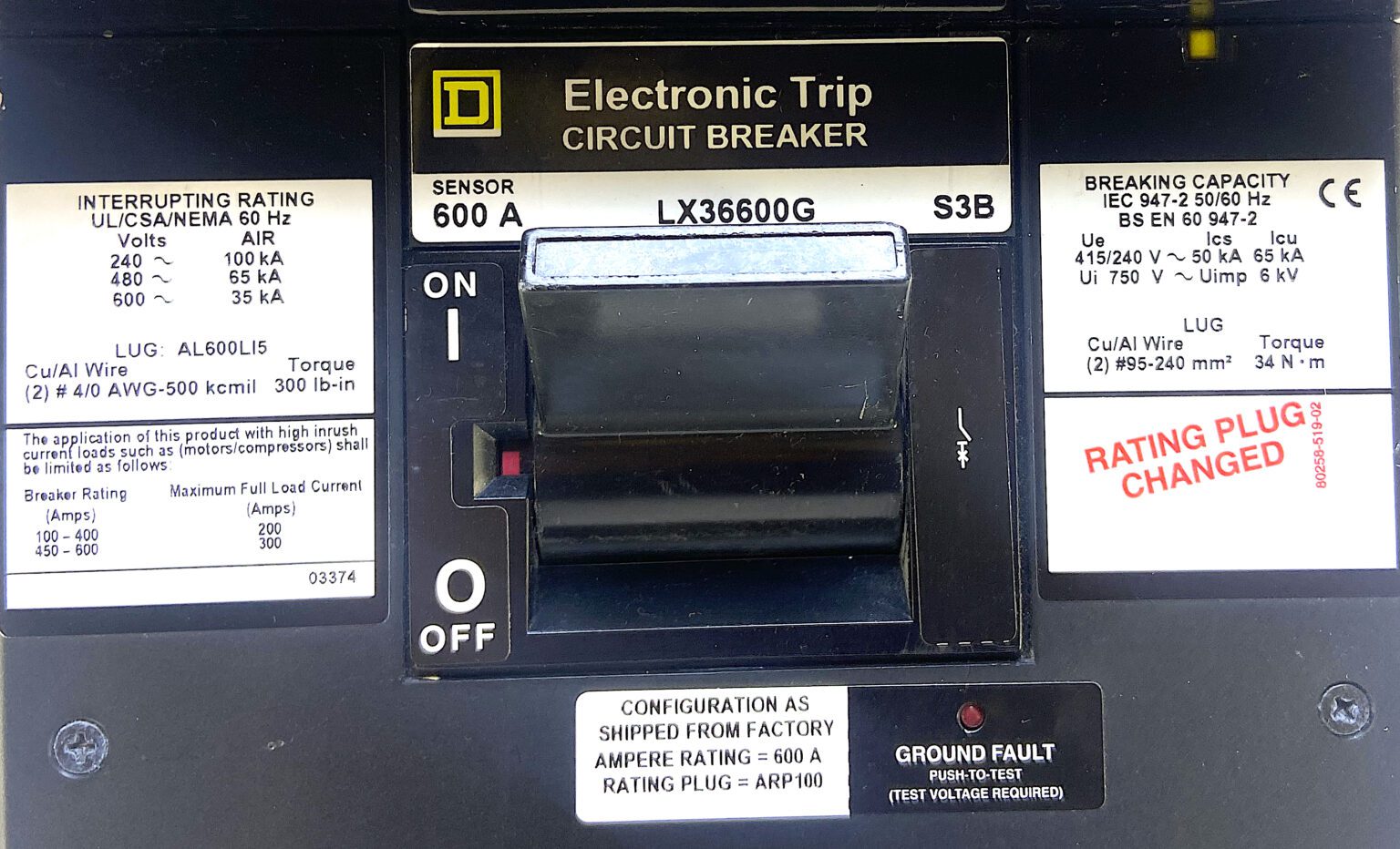 Square D LX36600G 3 Pole 600 Amp 600 Vac Breaker w/ LSIG Trip