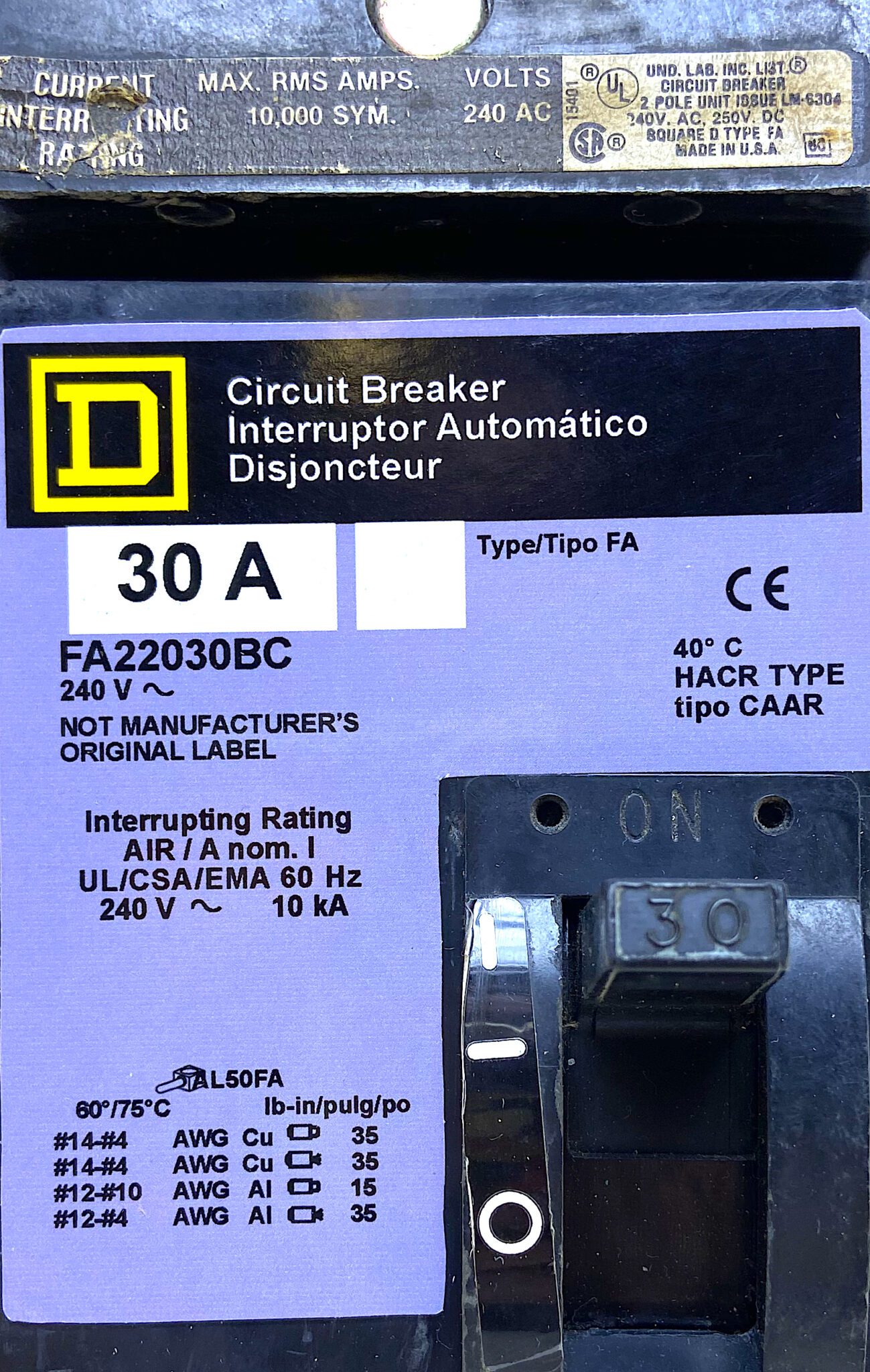 Square D FA22030BC 2P 30A 240V I-Line Circuit Breaker (B/C Phase)