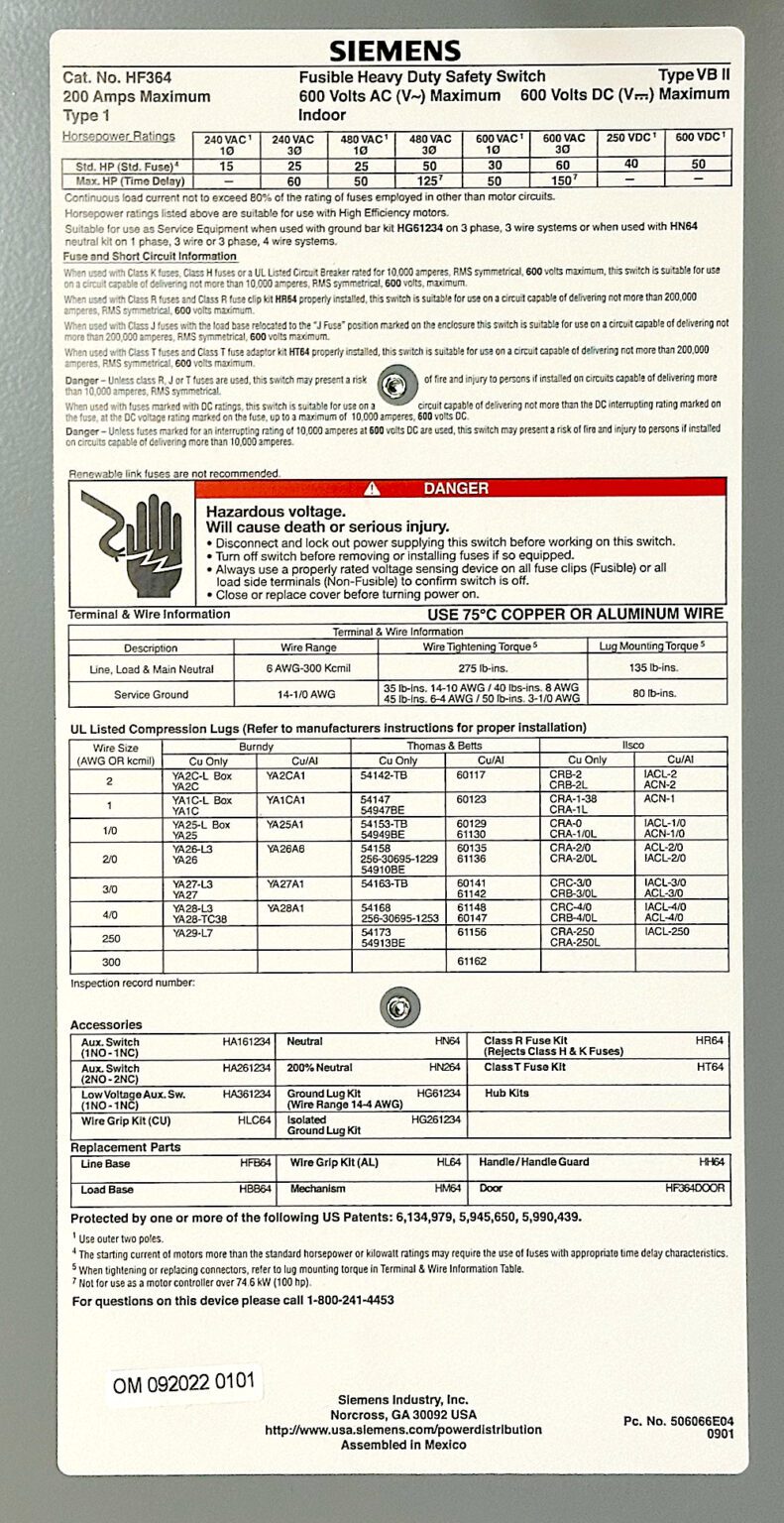Siemens HF364 3P3W 200 Amp 600 Vac Fusible Safety Switch (NIB)