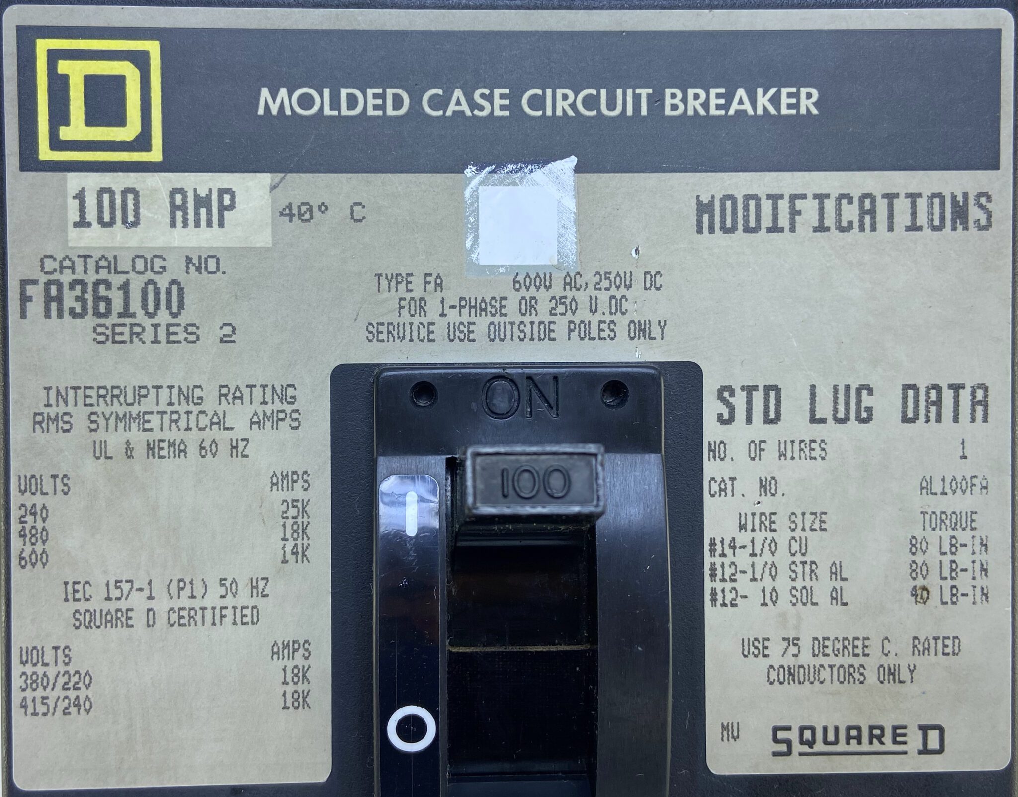 Square D FA36100 3Pole 100A 600Vac I-Line Circuit Breaker (CHIP)