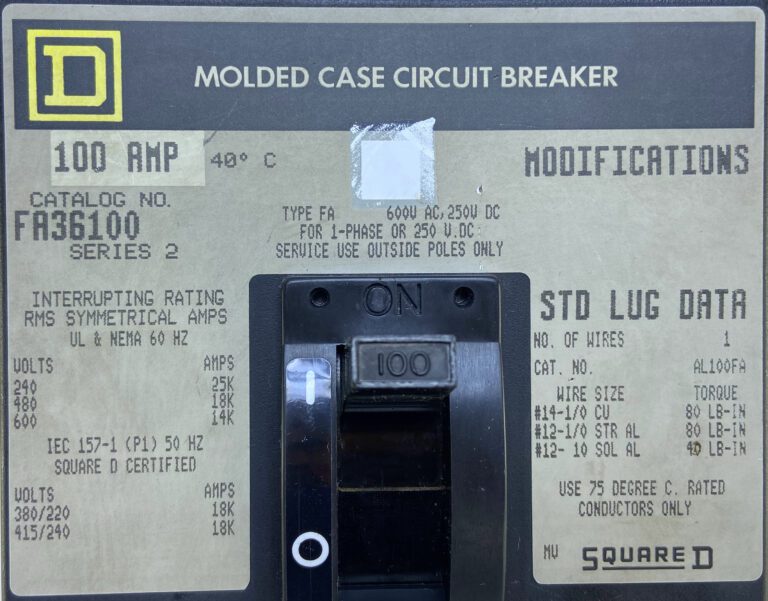 Square D FA36100 3Pole 100A 600Vac I-Line Circuit Breaker (CHIP)