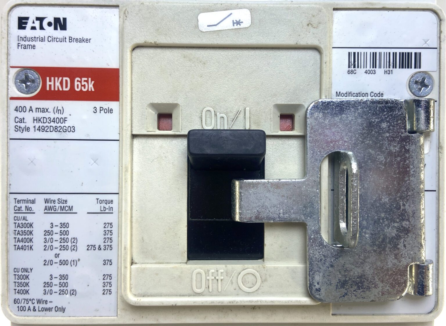 Eaton HKD3400F 3Pole 400A 600Vac Breaker w/LSI Trip & Rating Plug