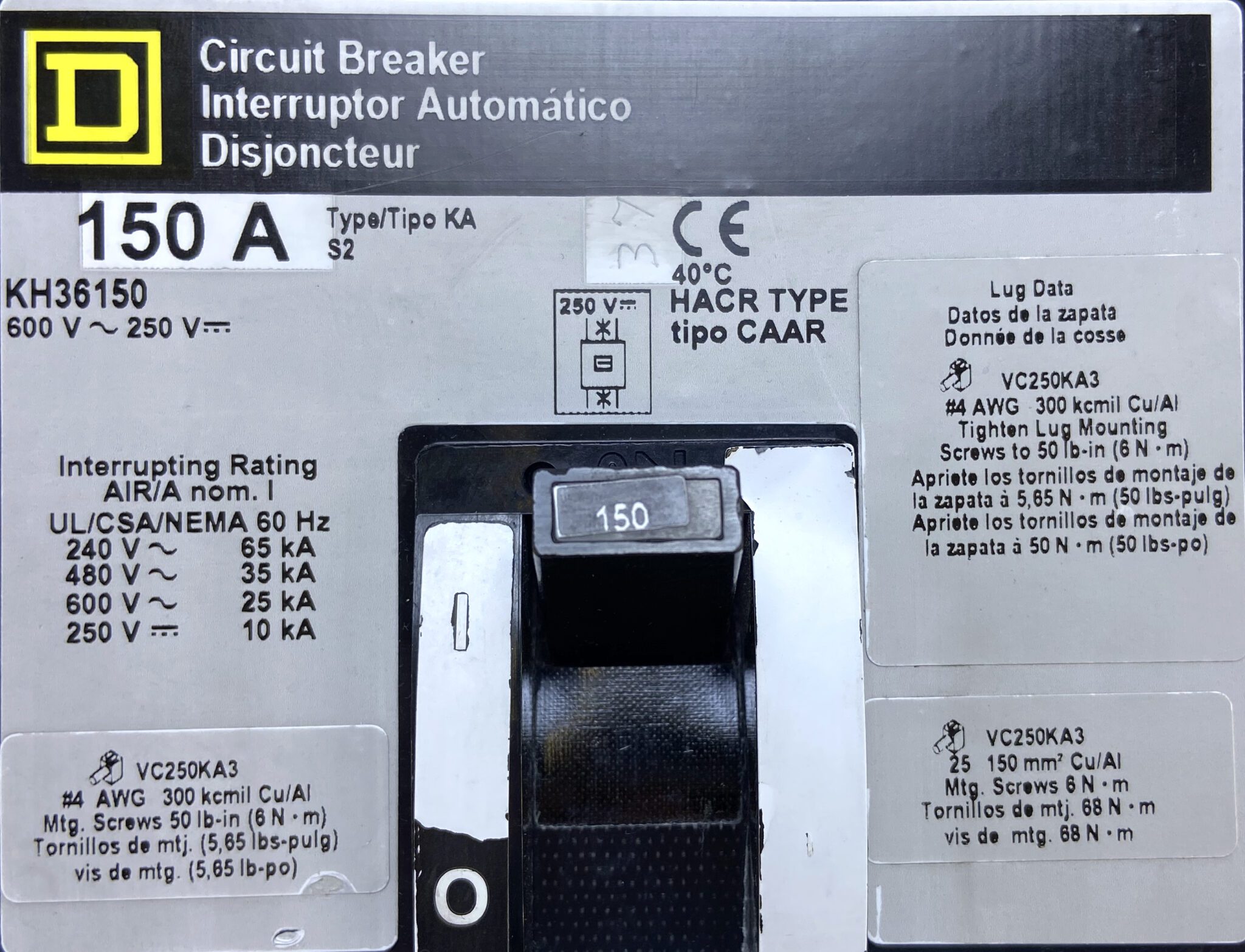 Square D KH36150 3P 150 Amp 600V I-Line Breaker (NO LUGS) (CHIP)