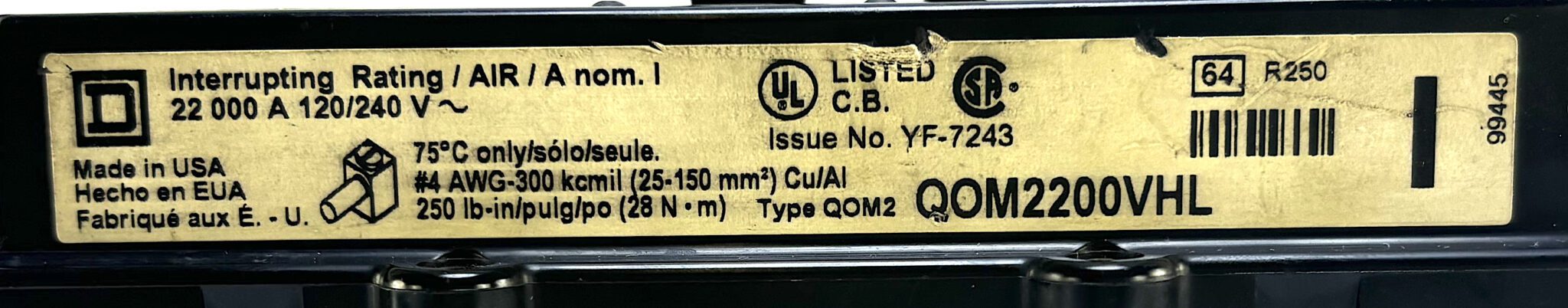 Square D QOM2200VHL 2 Pole 200 Amp 120/240 Vac Circuit Breaker