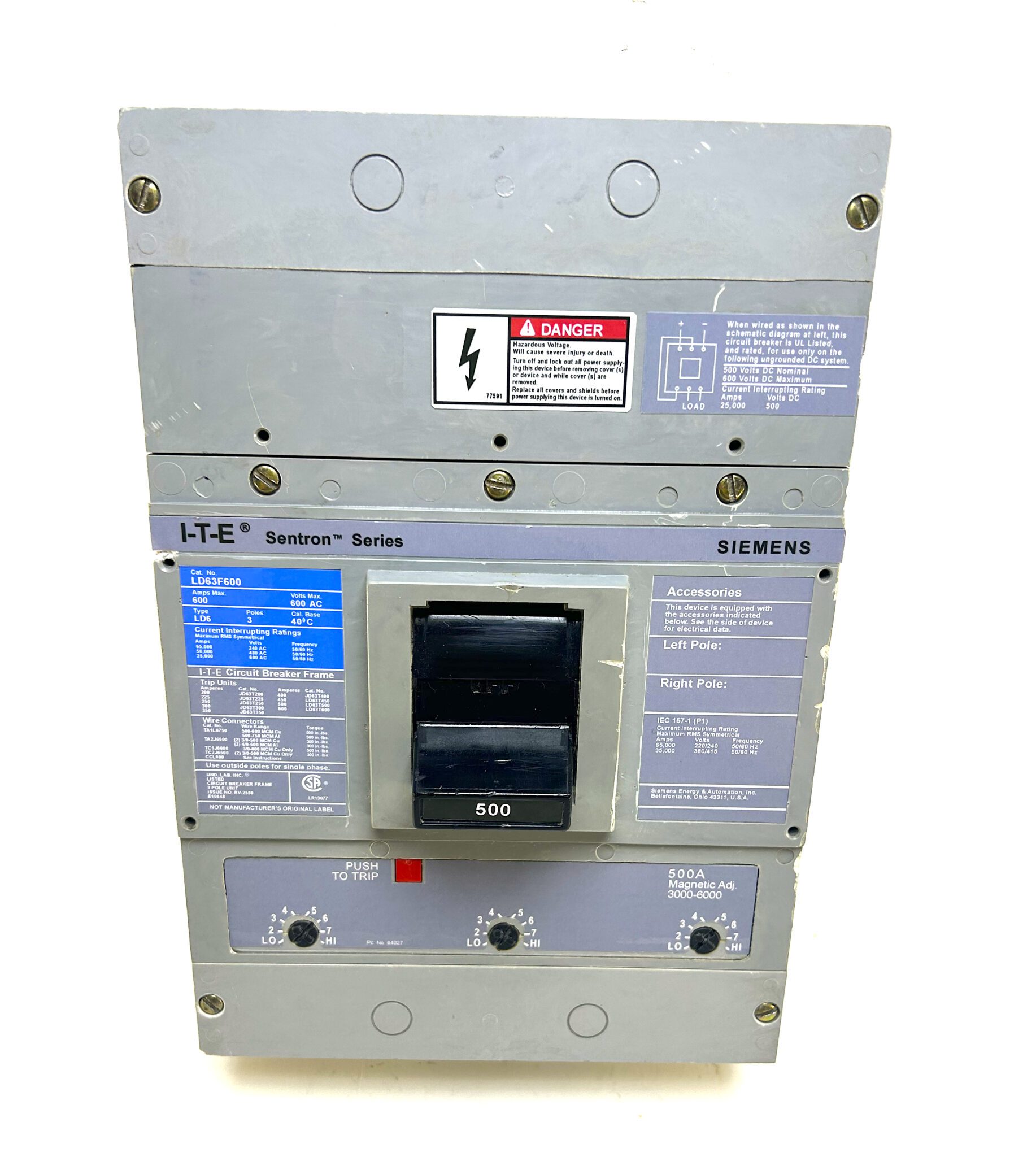 Siemens LD63F600 3Pole 600 Amp 600 Vac Breaker W/500A Trip (Chip ...