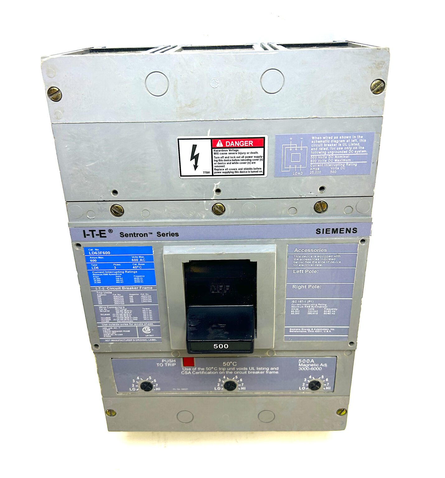 Siemens LD63F600 3Pole 600 Amp 600 Vac Breaker W/500A Trip | Electrical ...