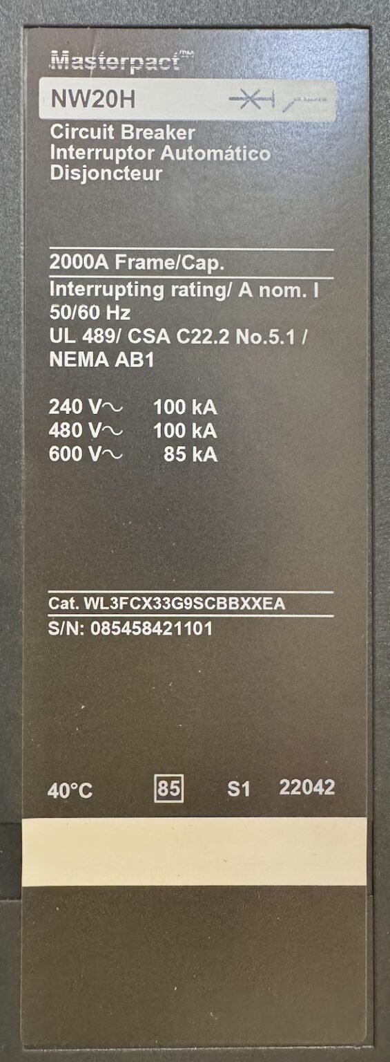 Square D NW20H 2000 Amp MasterPact Breaker (NEW) (NO CONTROLS)