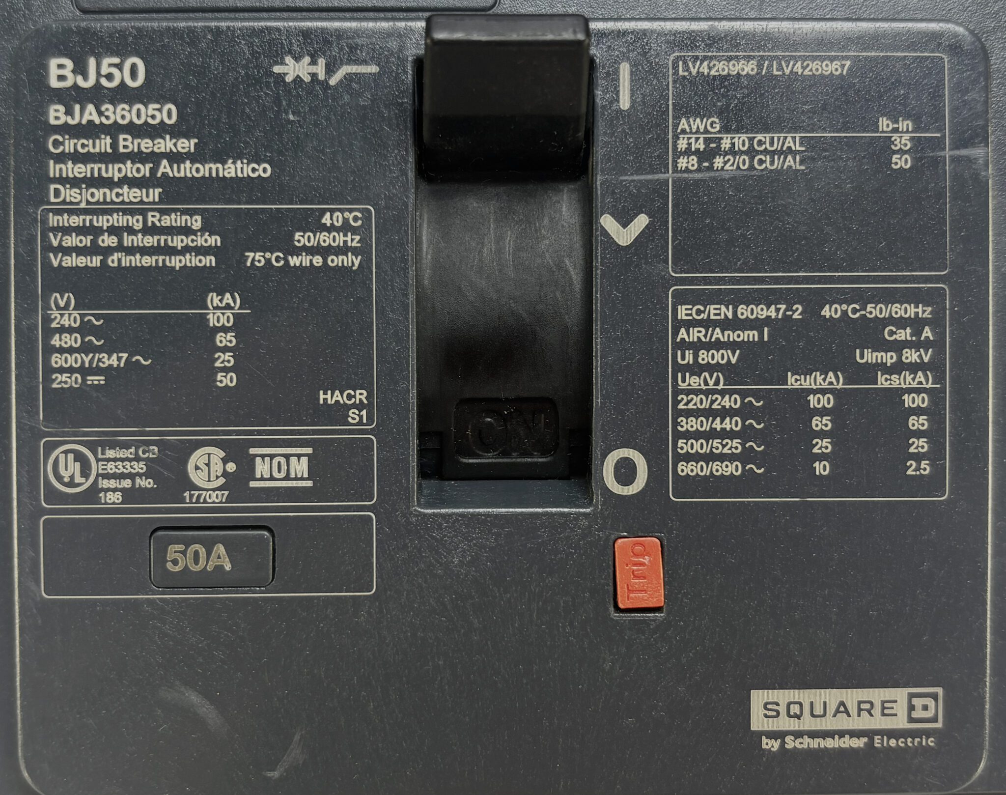 Square D BJA36050 3 Pole 50 Amp 600V I-Line Breaker w/TEST REPORT
