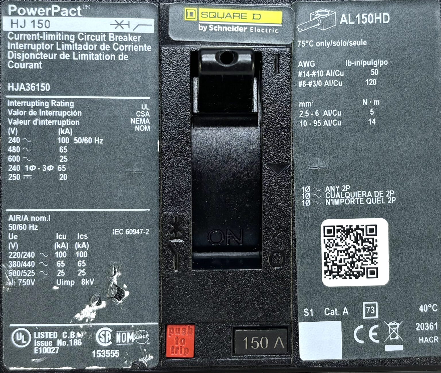 Square D HJA36150 3 Pole 150 Amp 600Vac PowerPact Circuit Breaker