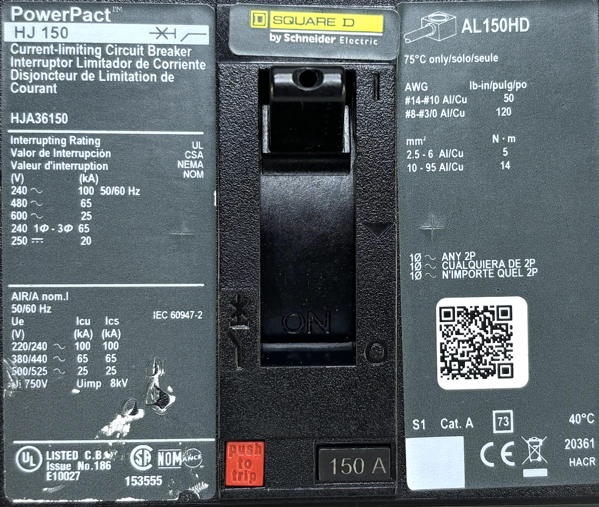 Square D HJA36150 3 Pole 150 Amp 600Vac PowerPact Circuit Breaker