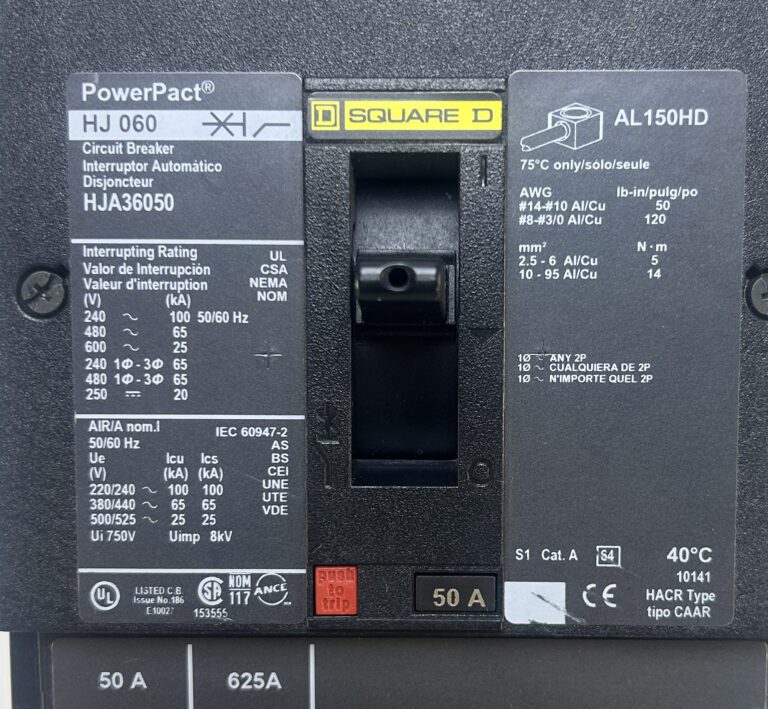 Square D HJA36050 3 Pole 50 Amp 600 Vac I-Line PowerPact Breaker