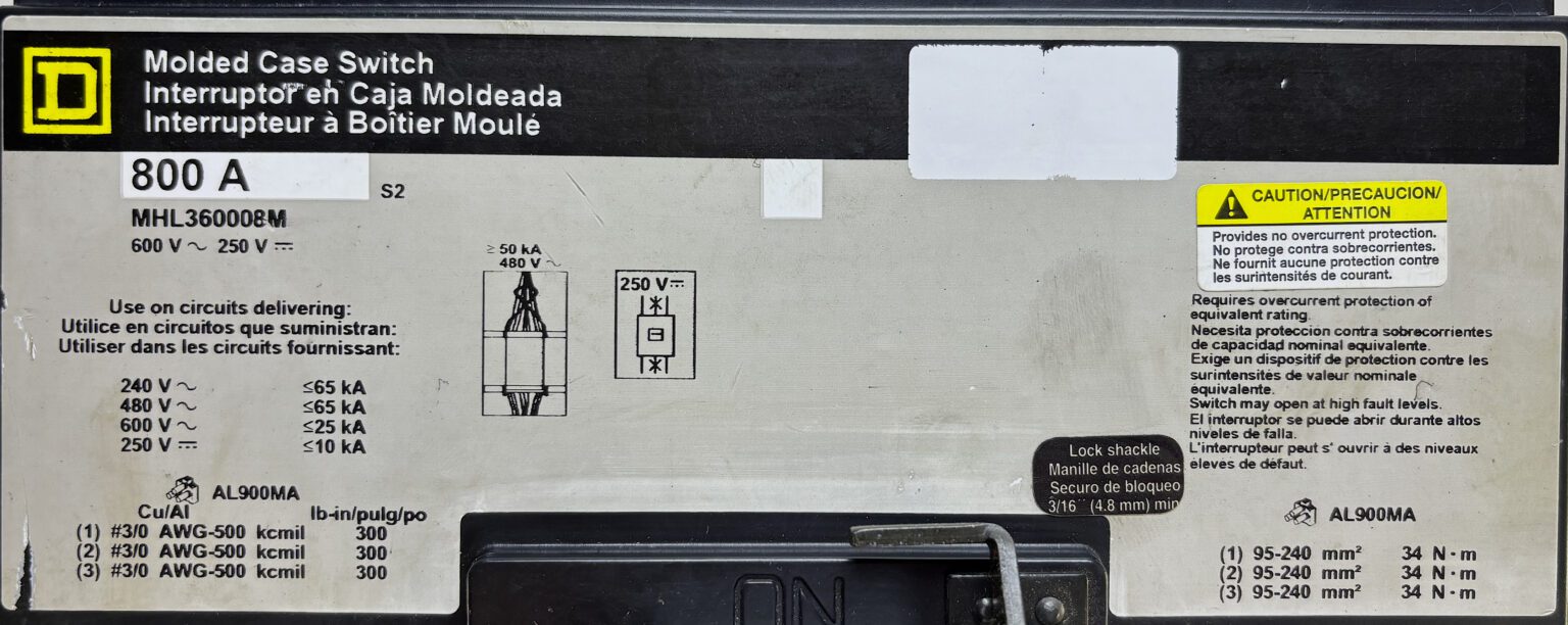 Square D MHL360008M 3 Pole 800 Amp 600 Vac Circuit Breaker