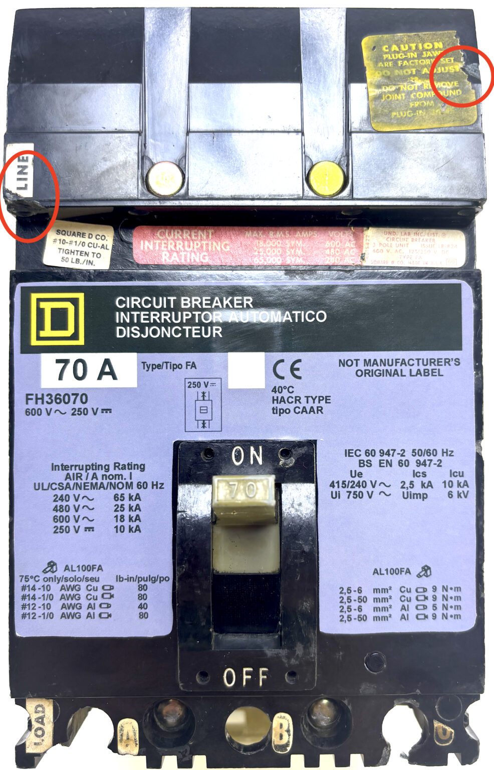 Square D FH36070 3Pole 70Amp 600Vac I-Line Circuit Breaker (CHIP)
