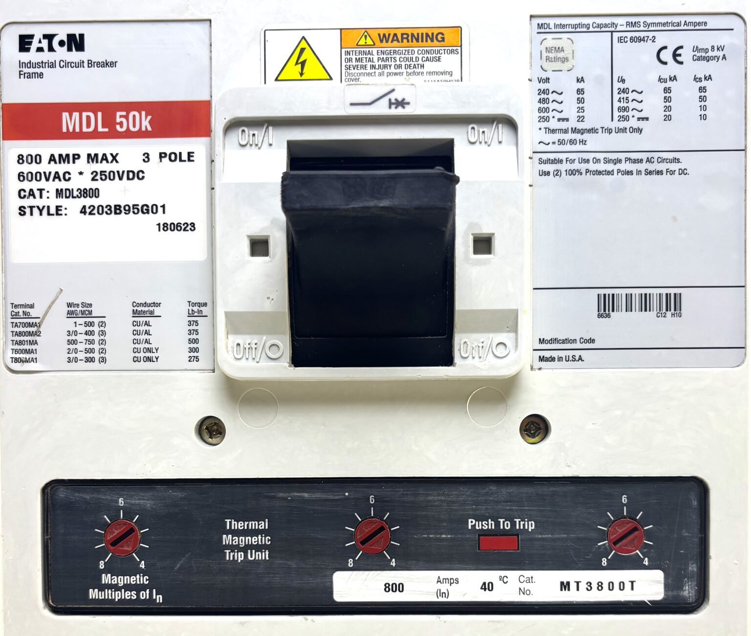 Eaton MDL3800 3 Pole 800 Amp 600 Vac Circuit Breaker w/ 800A Trip