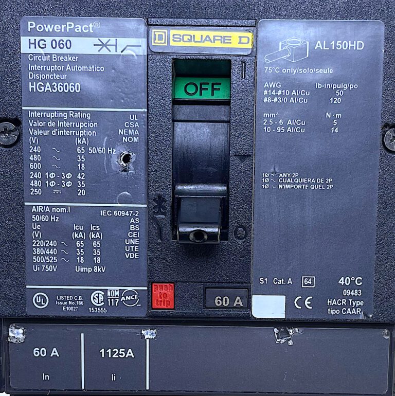 Square D HGA36060 3 Pole 60 Amp 600 Vac Circuit Breaker