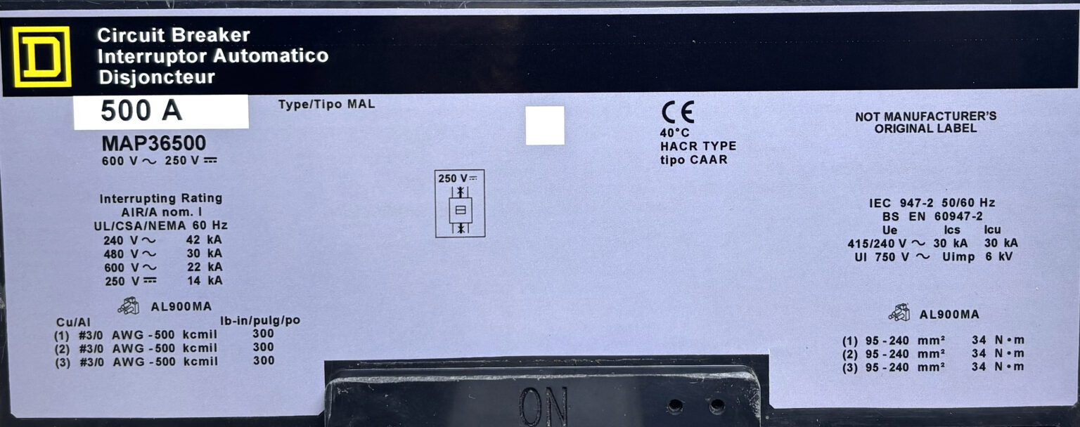 Square D MAP36500 3 Pole 500 Amp 600 Vac Circuit Breaker