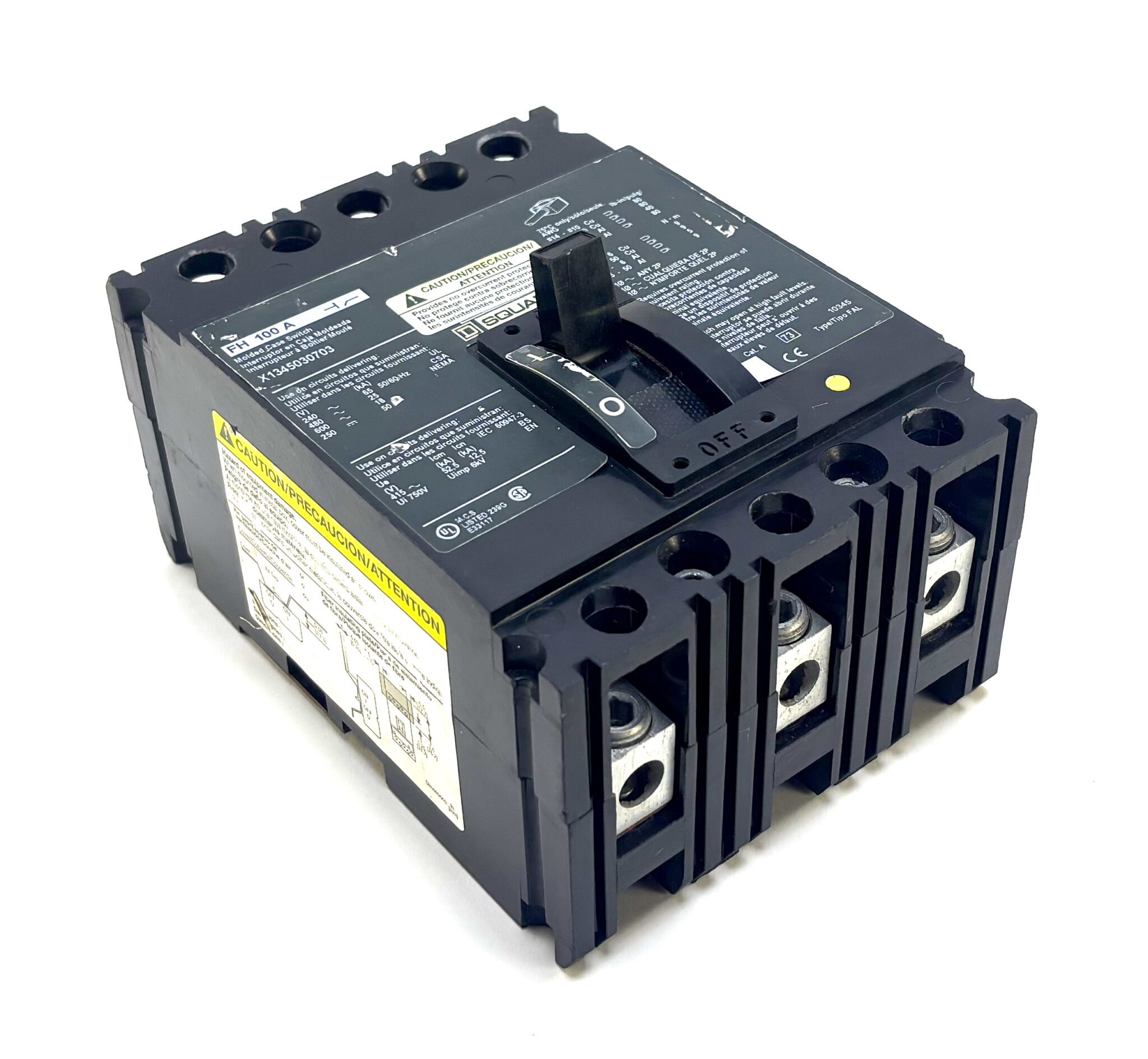 Square D X1345030703 3 Pole 100 Amp 600 Vac Breaker (Type-FH)