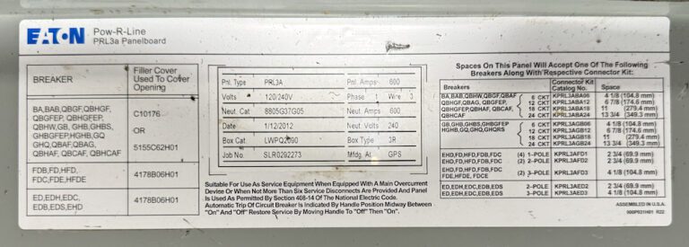 Eaton PRL3A 1P3W 600 Amp 240V NEMA 3R MLO Panelboard (42 Circuit)