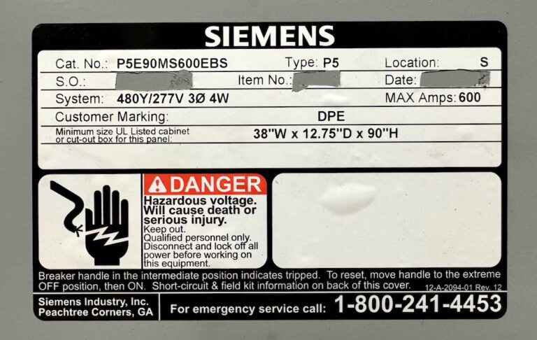 Siemens P5 3P4W 600 Amp 480Y/277V Panelboard w/Main (FACTORY NEW)