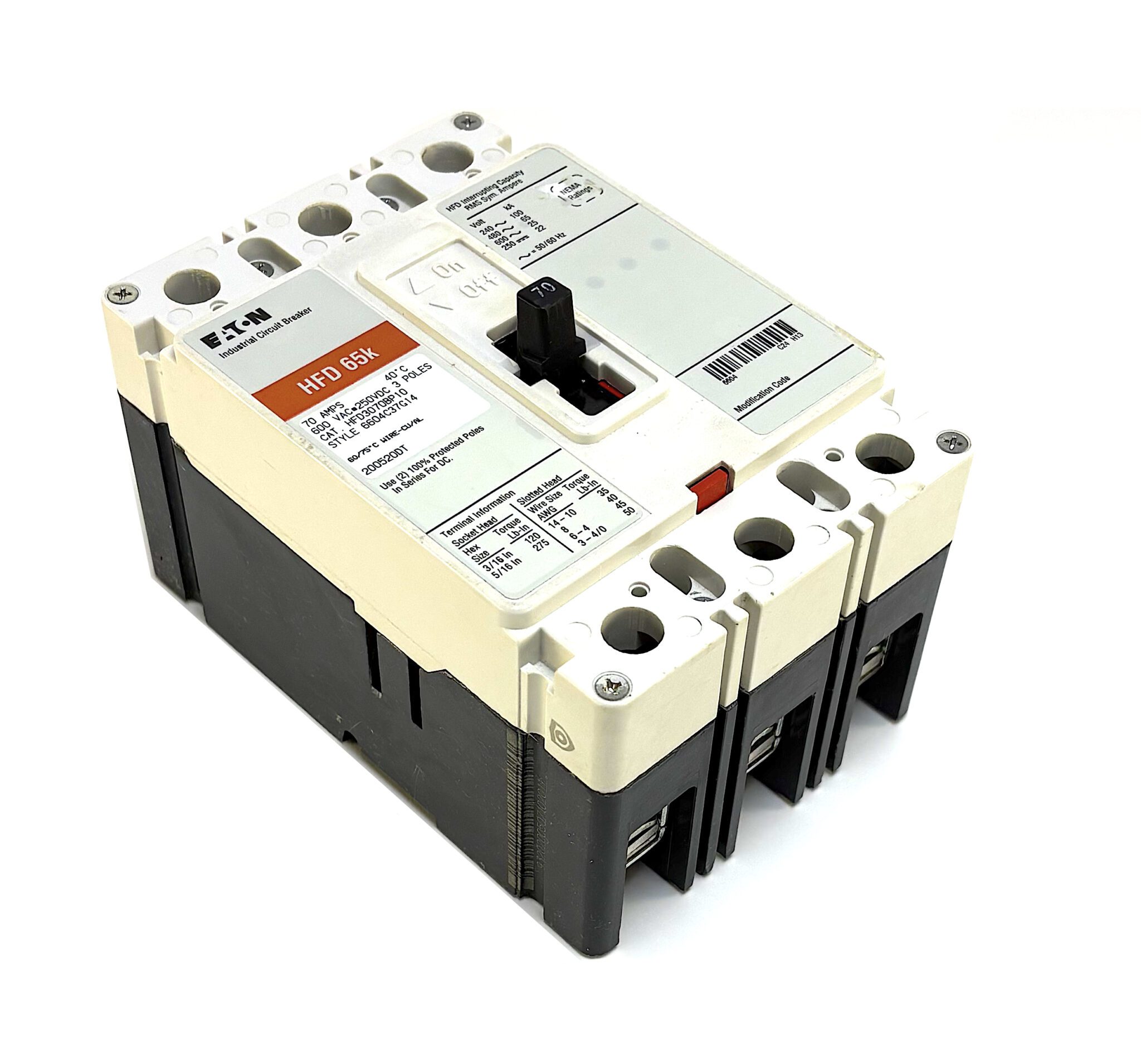 Eaton HFD3070BP10 3 Pole 70 Amp 600 Vac Circuit Breaker | Electrical ...