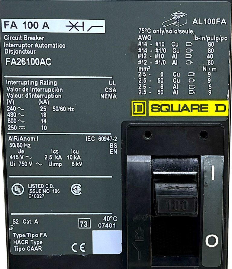 Square D FA26100AC 2 Pole 100A 600VAC I-Line Breaker (A/C Phases)