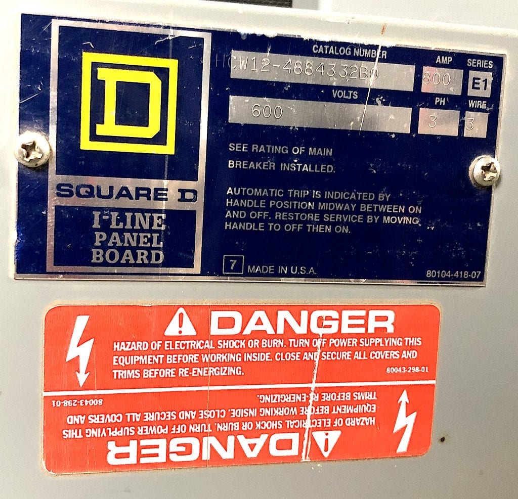 Square D 3 Phase 800 Amp 600 Vac 3 Wire Series E1 I-Line Panel Board ...