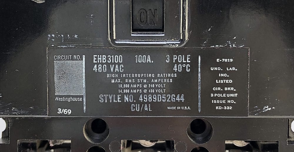 Westinghouse EHB3100 3 Pole 100 Amp 480 Vac Circuit Breaker (N2 ...