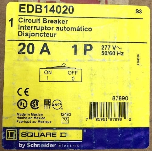 Square D EDB14020 1 Pole 20 Amp 277 Vac Circuit Breaker (NIB ...