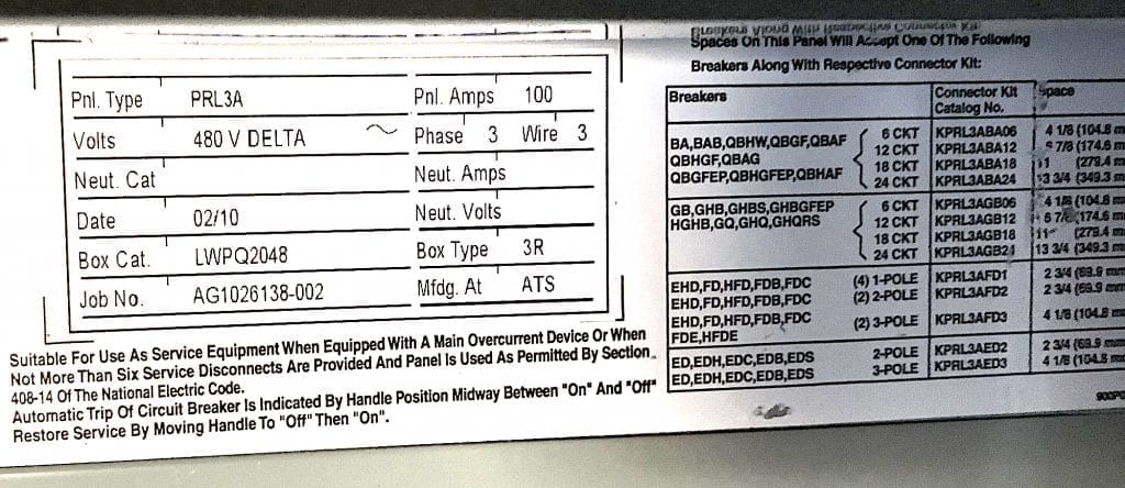 Eaton 3 Phase 480 V Delta 100 Amps 3 Wire Type 3R Main Breaker Panel ...