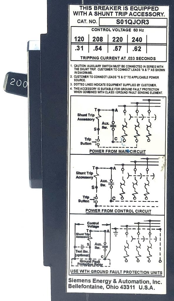 Siemens 3 Pole 200 Amp 240 Vac Circuit Breaker w/Shunt Trip (W2 ...